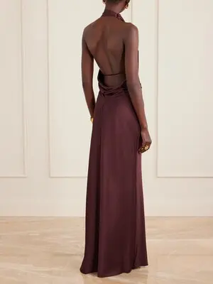Simkhai Reannon Draped Satin Halterneck Gown - Brown