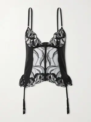 Kiki De Montparnasse Merry Widow Embroidered Tulle-paneled Stretch-silk Corset - Black