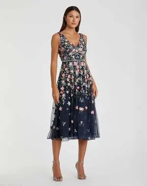 Mac Duggal V-Neck Sleeveless Midi A-Line Dress Midnight Multi