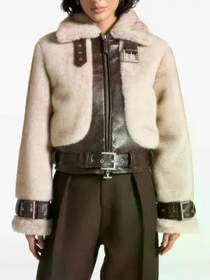 Manière De Voir Plush & Faux Leather Belted Jacket - Neutrals