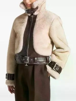 Manière De Voir Plush & Faux Leather Belted Jacket - Neutrals