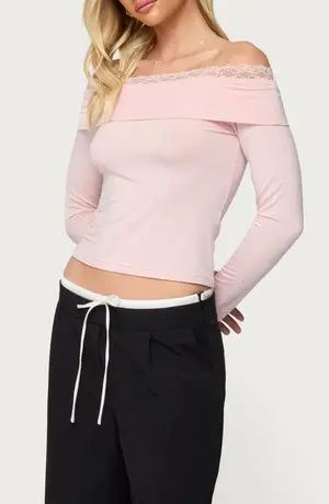 EDIKTED Lacey Foldover Off-the-shoulder Top - Pink