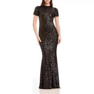 Dress The Population Sequin Mermaid Gown With Short Sleeves - Black