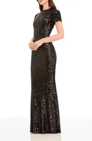 Dress The Population Sequin Mermaid Gown With Short Sleeves