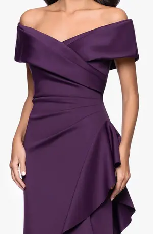 XSCAPE EVENINGS Off-the-shoulder Scuba Mermaid Gown - Plum