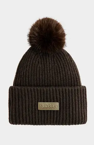 Rudsak Dara Knit Beanie With Faux Fur Pom - Dark Olive