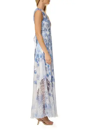 Komarov Floral Border Maxi Dress With Lace Up Back
