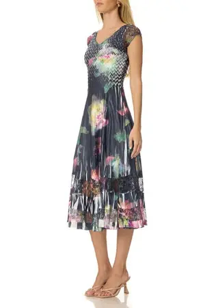 Komarov Floral Print Dress With Lace Cap Sleeves