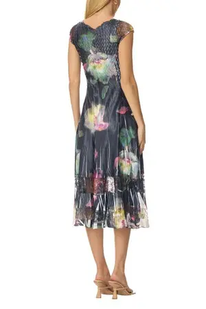 Komarov Floral Print Dress With Lace Cap Sleeves