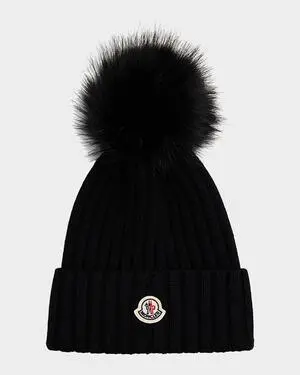 Moncler Ribbed Beanie With Faux Fur Pom Black