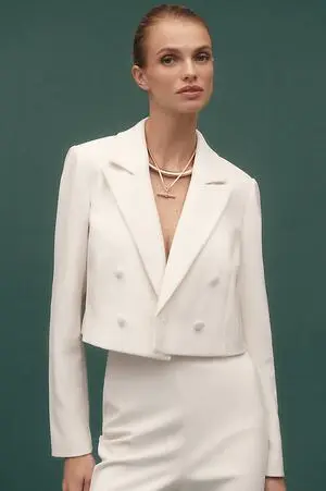 Bhldn Crepe Double-breasted Crop Blazer - White