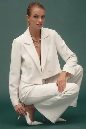 Bhldn Crepe Double-breasted Crop Blazer - White