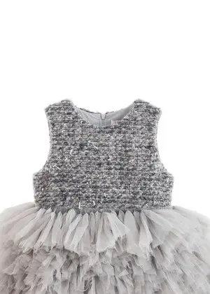 TULLEEN Textured Bodice Tulle Gown - Grey