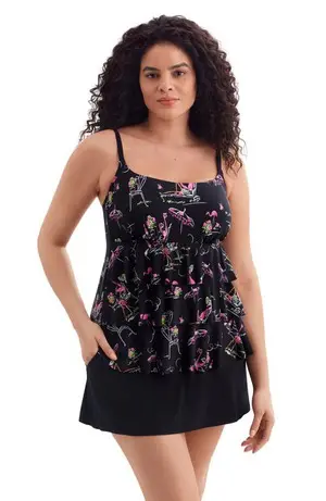 LONGITUDE Skirtini Long Torso One Piece Swimsuit - Flamingo Hotel