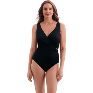 LONGITUDE O-Ring Surplice Long Torso One-Piece Swimsuit Black