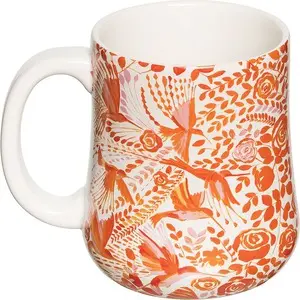CAROL & FRANK 16 Oz. Hummingbird Floral Ceramic Coffee Tea Hot Cocoa Drinking Mug W/ Handle - Orange