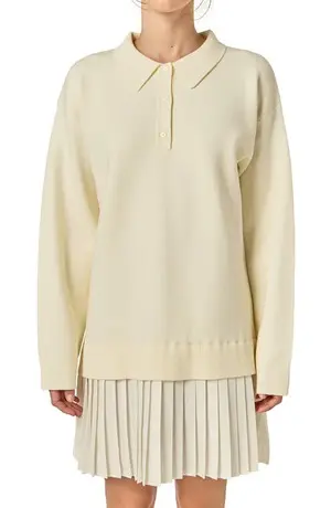 English Factory Long Sleeve Mixed Media Polo Mini Dress - Cream