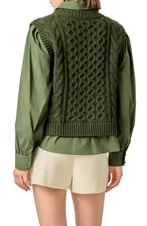 English Factory Mixed Media Cable Stitch Sweater - Olive