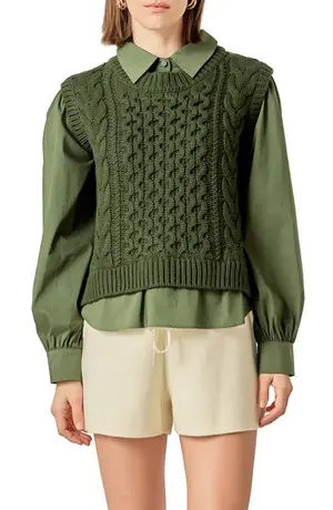 English Factory Mixed Media Cable Stitch Sweater - Olive