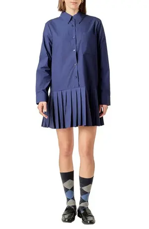 English Factory Pleated Long Sleeve Shirtdress - Navy