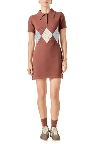 English Factory Argyle Knit Polo Mini Dress - Brown