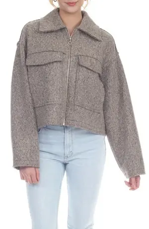 RAIN AND ROSE Faux Shearling Crop Utility Jacket - Grey