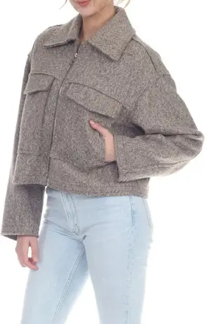 RAIN AND ROSE Faux Shearling Crop Utility Jacket - Grey