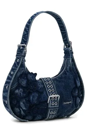 Desigual Floral Appliqué Denim Shoulder Bag
