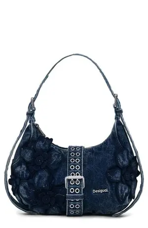 Desigual Floral Appliqué Denim Shoulder Bag