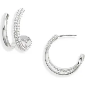OPEN EDIT Faux Pearl Hoop Earrings - White- Silver