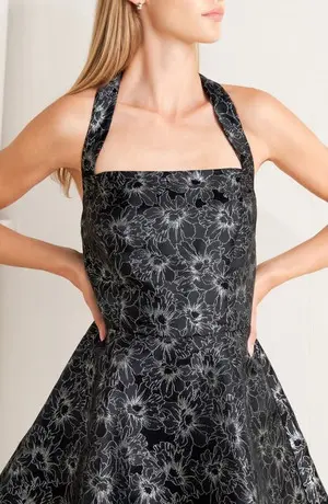 FREEMARKET Metallic Print Halter Fit & Flare Mini Dress