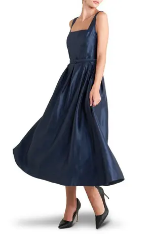 FREEMARKET Sleeveless Fit & Flare Satin Maxi Dress - Navy
