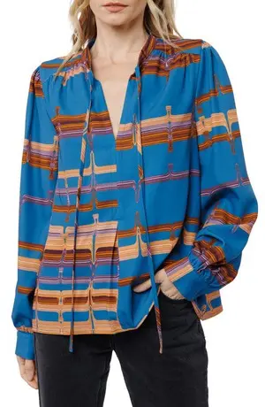 CIEBON Printed Split-neck Blouse - Blue