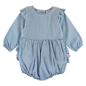 RUFFLEBUTTS Long Sleeve Flutter Bubble Romper - Light Wash