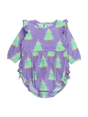 RUFFLEBUTTS Long Sleeve Flutter Bubble Romper - Purple Twinkling Trees