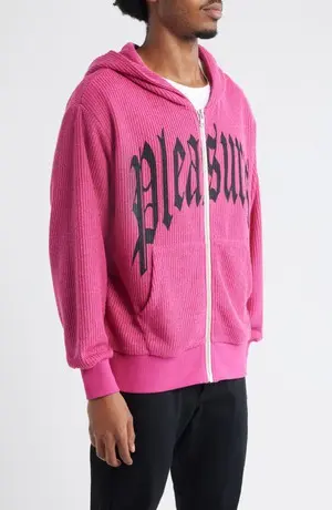 PLEASURES Twitch Graphic Waffle Knit Zip Hoodie - Pink