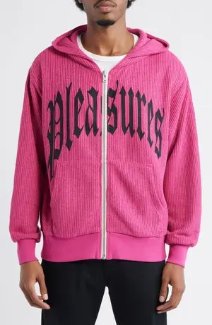 PLEASURES Twitch Graphic Waffle Knit Zip Hoodie - Pink