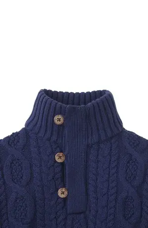 HOPE & HENRY Organic Cable Knit Sweater With Faux Leather Buttons - Navy