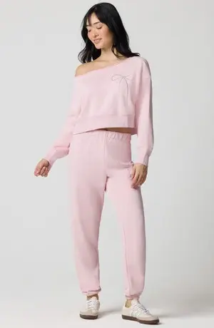 FLORENCE BY MILLS Crystal Bow Off The Shoulder Crop Sweatshirt - Ballet Slipper