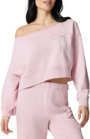 FLORENCE BY MILLS Crystal Bow Off The Shoulder Crop Sweatshirt - Ballet Slipper