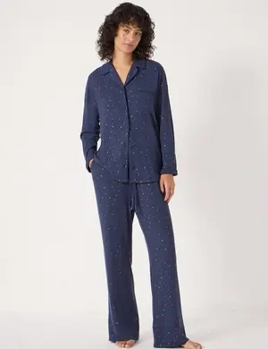 HUSH Ribbed Modal Star Printed Pyjamas - Dark Navy