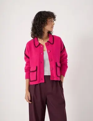 HUSH Wool Blend Shirt Jacket With Whipstitch Trim - Magenta Pink