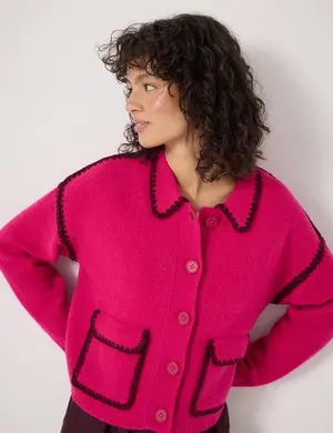 HUSH Wool Blend Shirt Jacket With Whipstitch Trim - Magenta Pink