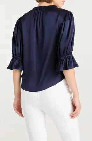 Cinq À Sept Fiona Split Neck Silk Top - Navy