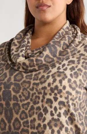 Loveappella Leopard Print Cowl Neck Tunic