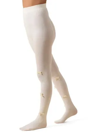 MEMOI Velvet Bow Rib Cotton Tights - Ivory