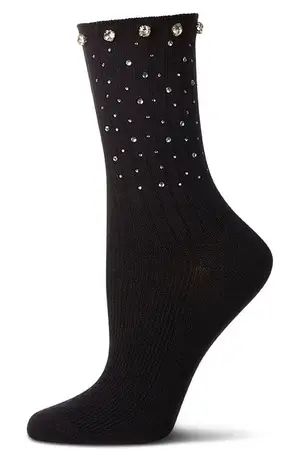 MEMOI Rhinestone Ribbed Crew Socks - Black