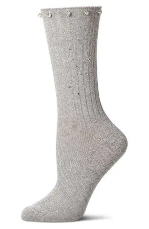 MEMOI Rhinestone Ribbed Crew Socks - Med Gray Heather