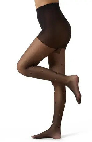 MEMOI Faux Pearl Embellished Sheer Tights - Black
