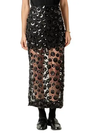 English Factory Flower Sequin Maxi Skirt - Black